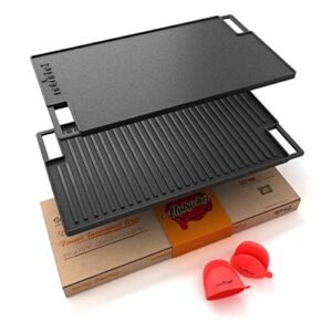 nutrichef cast iron reversible grill plate - 18 inch flat cast iron skillet griddle pan for stove top, gas range grilling pan w/ silicone oven mitt for electric stovetop, ceramic, induction.