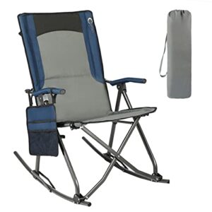 portal folding rocking chair, oversized camping rocker outdoor with high back hard armrest, support 300lbs (blue)