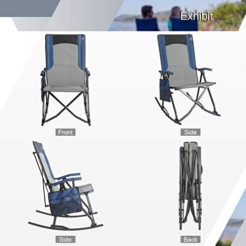 PORTAL Folding Rocking Chair, Oversized Camping Rocker Outdoor with High Back Hard Armrest, Support 300lbs (Blue)