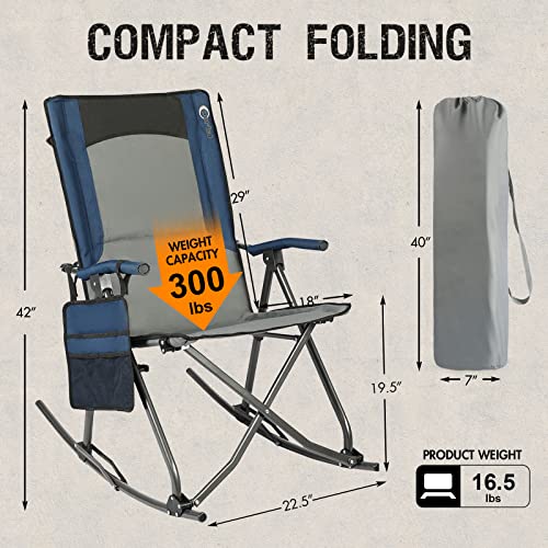 PORTAL Folding Rocking Chair, Oversized Camping Rocker Outdoor with High Back Hard Armrest, Support 300lbs (Blue)