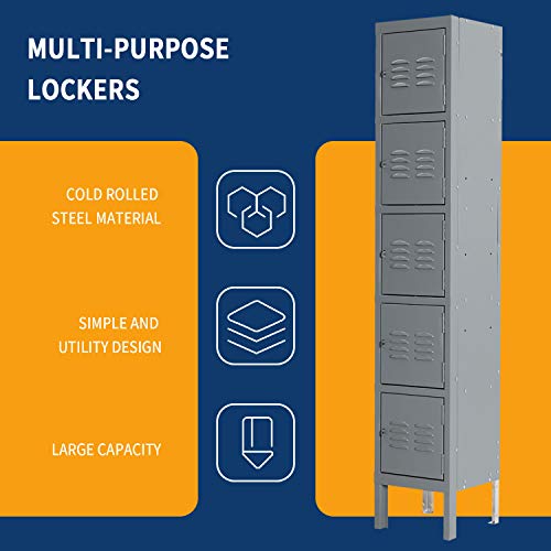 INTERGREAT Metal Locker for School Office Gym Metal Storage Locker Cabinet for Employees Students Steel Locker 5 Tier with 5 Door Gray