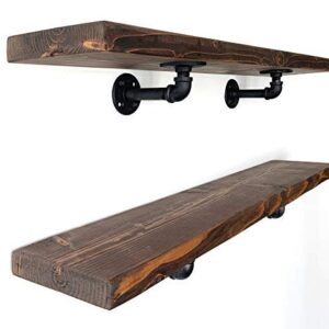 Industrial Wooden Floating Shelves - Wall Decor for Home Kitchen, Bathroom, Bedroom - Rustic Pine Custom Office Organizer with Pipe Brackets - Set of 2 - 1.5" x 7.5" x 36" - Early American