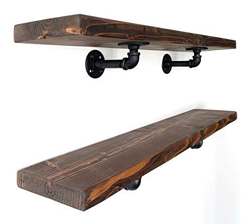 Industrial Wooden Floating Shelves - Wall Decor for Home Kitchen, Bathroom, Bedroom - Rustic Pine Custom Office Organizer with Pipe Brackets - Set of 2 - 1.5" x 7.5" x 36" - Early American