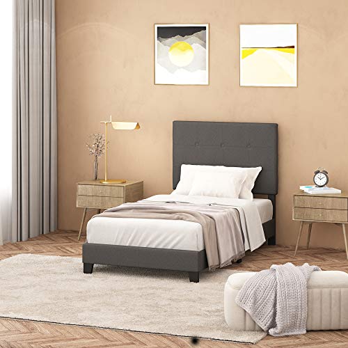 Furinno Laval Button Tufted Upholstered Platform Bed Frame, Twin, Stone