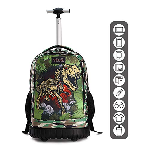 Tilami Rolling Backpack with Trolley Wheeled Design, Cute Cartoon Printed or Boys and Girls, Travel, School, Student Trip (19 Inch, Dinosaur)