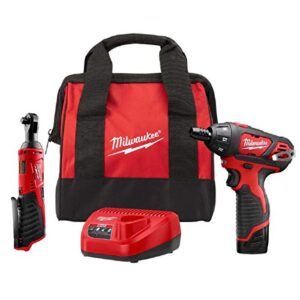 milwaukee m12 12-volt lithium-ion cordless 3/8 in. ratchet and screwdriver combo kit (2-tool) with battery, charger, tool bag