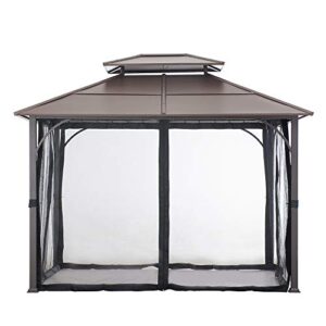 Sunjoy Hardtop Gazebo 10 x 12 ft. Outdoor Gazebo, Heavy Duty Steel Frame Gazebo, Double Tiered Metal Gazebo with Ceiling Hook and Mesh Netting, Brown