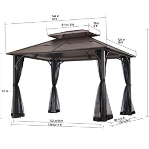 Sunjoy Hardtop Gazebo 10 x 12 ft. Outdoor Gazebo, Heavy Duty Steel Frame Gazebo, Double Tiered Metal Gazebo with Ceiling Hook and Mesh Netting, Brown