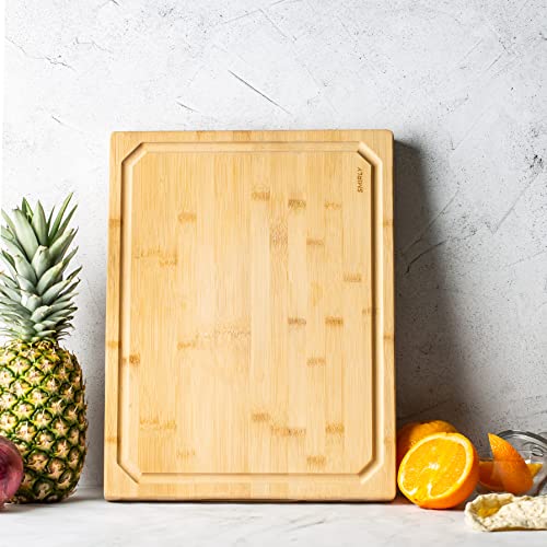 SMIRLY Large bamboo Cutting Board for Kitchen: Extra Large Bamboo Cutting Board with Juice Groove & Compartments, Wooden Cutting Boards for Kitchen, Butcher Block Cutting Board Wood