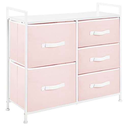 mDesign 30.03" High Steel Frame/Wood Top Storage Dresser Furniture Unit with 5 Removable Fabric Drawers - Tall Bureau Organizer for Bedroom, Living Room, Closet - Jane Collection - Pink/White