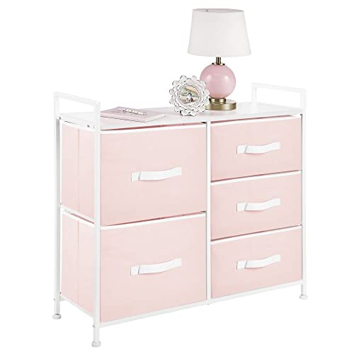 mDesign 30.03" High Steel Frame/Wood Top Storage Dresser Furniture Unit with 5 Removable Fabric Drawers - Tall Bureau Organizer for Bedroom, Living Room, Closet - Jane Collection - Pink/White