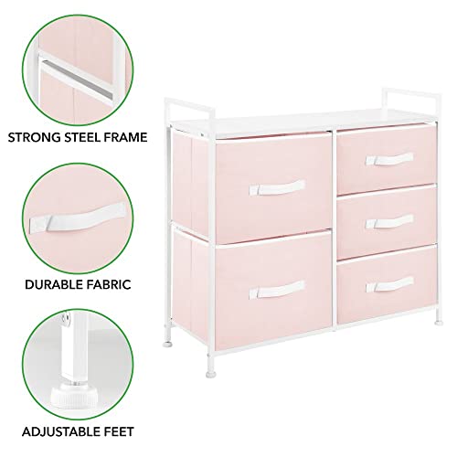 mDesign 30.03" High Steel Frame/Wood Top Storage Dresser Furniture Unit with 5 Removable Fabric Drawers - Tall Bureau Organizer for Bedroom, Living Room, Closet - Jane Collection - Pink/White