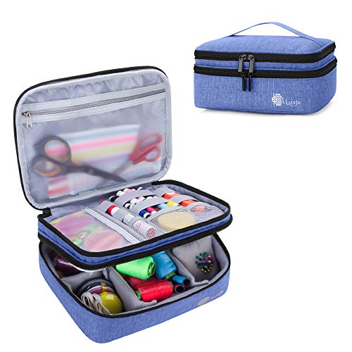 Luxja Double-Layer Sewing Supplies Organizer, Sewing Accessories Organizer for Needles, Thread, Scissors, Measuring Tape and Other Sewing Tools (Bag Only), Medium/Dark Blue