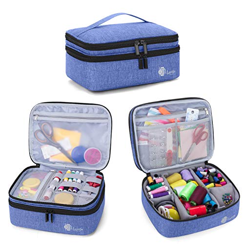 Luxja Double-Layer Sewing Supplies Organizer, Sewing Accessories Organizer for Needles, Thread, Scissors, Measuring Tape and Other Sewing Tools (Bag Only), Medium/Dark Blue