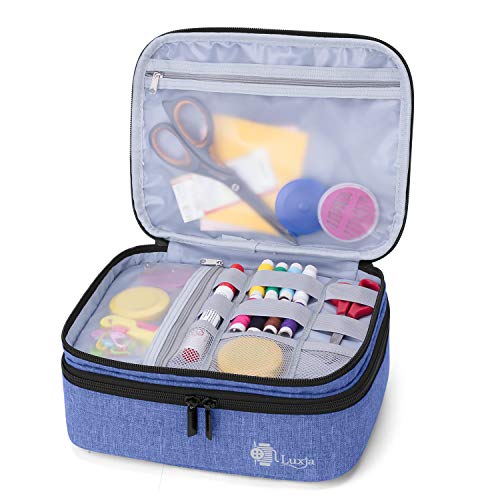 Luxja Double-Layer Sewing Supplies Organizer, Sewing Accessories Organizer for Needles, Thread, Scissors, Measuring Tape and Other Sewing Tools (Bag Only), Medium/Dark Blue