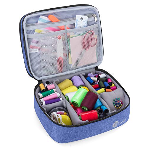 Luxja Double-Layer Sewing Supplies Organizer, Sewing Accessories Organizer for Needles, Thread, Scissors, Measuring Tape and Other Sewing Tools (Bag Only), Medium/Dark Blue