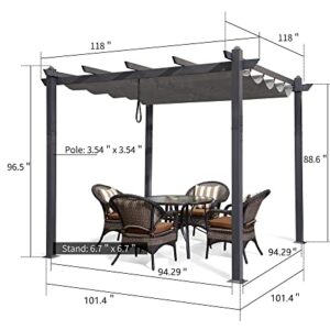 PURPLE LEAF 10' X 10' Outdoor Retractable Pergola with Sun Shade Canopy Patio Metal Shelter for Garden Porch Beach Pavilion Grill Gazebo Modern Yard Grape Trellis Pergola, Gray