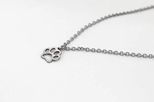 Silver paw necklace, dog paw outline pendant, silver tone stainless steel chain necklace, gift for her, animal cat jewelry, Layering necklace, pet lover, waterproof