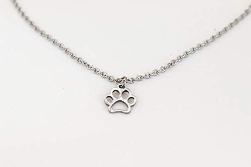 Silver paw necklace, dog paw outline pendant, silver tone stainless steel chain necklace, gift for her, animal cat jewelry, Layering necklace, pet lover, waterproof