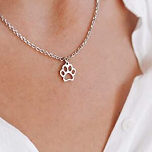 Silver paw necklace, dog paw outline pendant, silver tone stainless steel chain necklace, gift for her, animal cat jewelry, Layering necklace, pet lover, waterproof