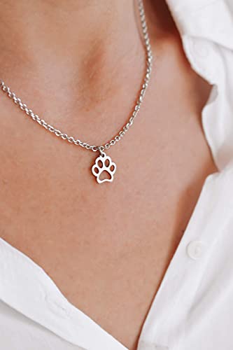 Silver paw necklace, dog paw outline pendant, silver tone stainless steel chain necklace, gift for her, animal cat jewelry, Layering necklace, pet lover, waterproof