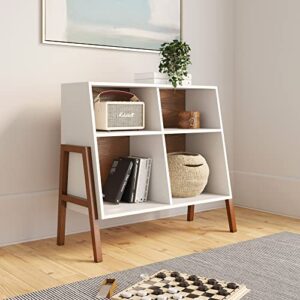 nathan james 71001 telos 4-cube storage organizer, white storage open cubby shelf with angled design, brown/glossy white