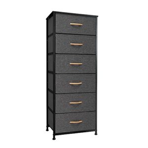 crestlive products vertical dresser storage tower - sturdy steel frame, wood top, easy pull fabric bins, wood handles - organizer unit for bedroom, hallway, entryway, closets - 6 drawers (gray)