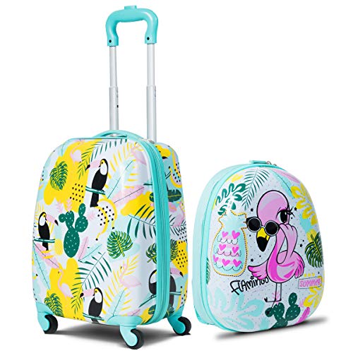 GYMAX Kids Carry On Luggage Set, 12" & 16" 2PCS Rolling Suitcase (Flamingos)