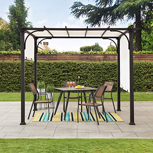 Sunjoy 10 x 10 ft. Pergola, Outdoor Patio Brown Steel Classic Frame Pergola with Retractable White Canopy Shade for Backyard, Garden Activities