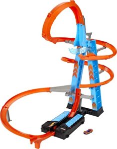 hot wheels toy car track set sky crash tower, more than 2.5-ft tall with motorized booster, 1:64 scale toy car