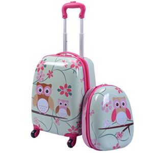 gymax kids carry on luggage set, 12" & 16" 2pcs rolling suitcase (owl)