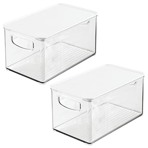 mDesign Plastic Deep Storage Bin Box Container with Lid and Built-In Handles - Organization for Fruit, Snacks, or Food in Kitchen Pantry, Cabinet, or Cupboard, Ligne Collection, 2 Pack, Clear/White