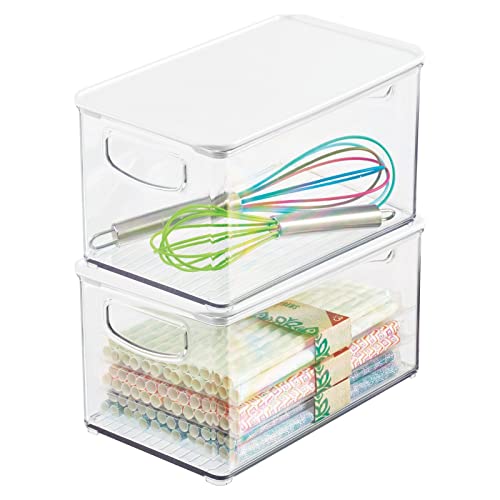 mDesign Plastic Deep Storage Bin Box Container with Lid and Built-In Handles - Organization for Fruit, Snacks, or Food in Kitchen Pantry, Cabinet, or Cupboard, Ligne Collection, 2 Pack, Clear/White