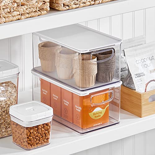 mDesign Plastic Deep Storage Bin Box Container with Lid and Built-In Handles - Organization for Fruit, Snacks, or Food in Kitchen Pantry, Cabinet, or Cupboard, Ligne Collection, 2 Pack, Clear/White