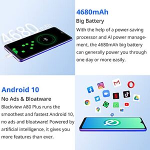 Blackview Unlocked Cell Phone, A80Plus Android Phone, 4GB+64GB/SD 128GB Expandable Smartphone, 4G Dual SIM Unlocked Cell Phones, 4680mAh Battery, 6.49" HD+NFC/OTG/Face ID/Fingerprint Unlock Phone