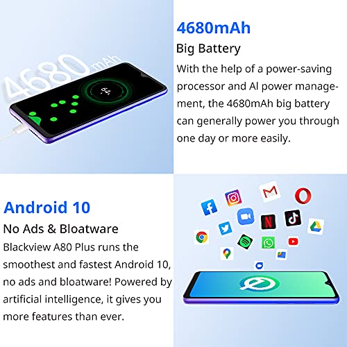 Blackview Unlocked Cell Phone, A80Plus Android Phone, 4GB+64GB/SD 128GB Expandable Smartphone, 4G Dual SIM Unlocked Cell Phones, 4680mAh Battery, 6.49" HD+NFC/OTG/Face ID/Fingerprint Unlock Phone