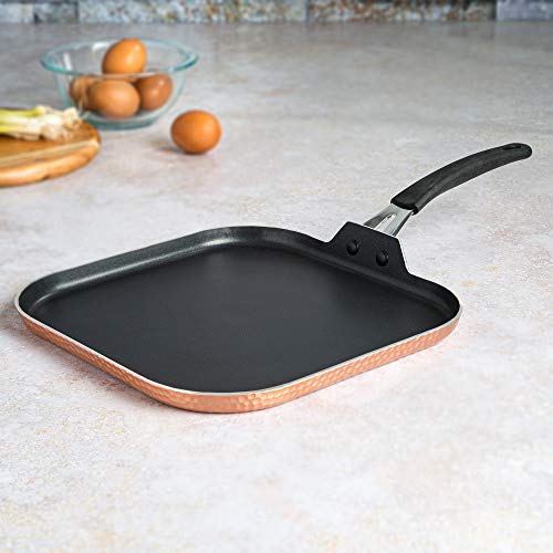 Ecolution Impressions Hammered Nonstick Square Griddle, Dishwasher Safe Cookware with Riveted Stainless Steel Handles, 11-Inch, Copper