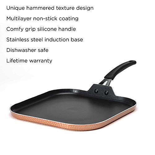 Ecolution Impressions Hammered Nonstick Square Griddle, Dishwasher Safe Cookware with Riveted Stainless Steel Handles, 11-Inch, Copper