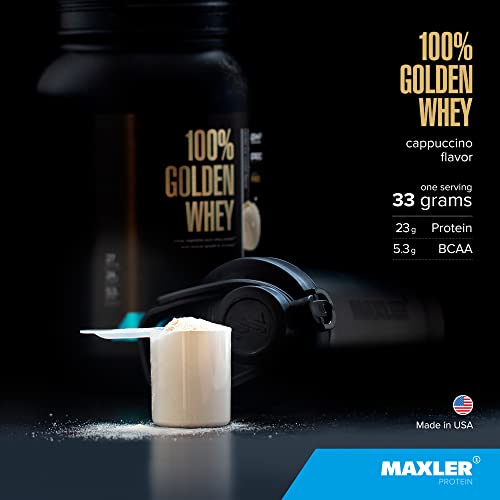 Maxler 100% Golden Whey Protein - 23g of Premium Whey Protein Powder per Serving - Pre, Post & Intra Workout Recovery - Fast-Absorbing Whey Hydrolysate, Isolate & Concentrate Blend - Cappuccino 2 lbs