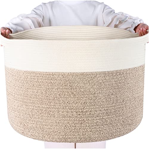 MINTWOOD Design Extra Large 22 x 14 Inches Decorative Cotton Rope Basket, Blanket Basket Living Room, Laundry Basket, Woven Basket, Toy Storage Baskets Bin, Round Basket for Pillows, Towels - Brown