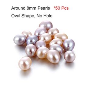 50Pcs Freshwater Cultured Pearl, Natural Oval Oyster Pearls Beads, Necklace Bracelet Earring Jewelry Making Supplies, Fun Gift for Women, Pearl Party, No Hole (Around 8mm)