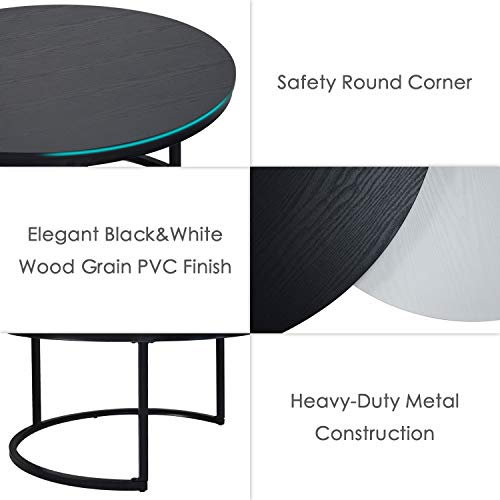 WiberWi Round Coffee Table, Nesting Tables Set of 2, Large : Ø 34.0", Small : Ø 26.0", Modern Design Furniture Side End Table for Living Room, Metal Frame Sofa Table Cocktail Table, Black & White