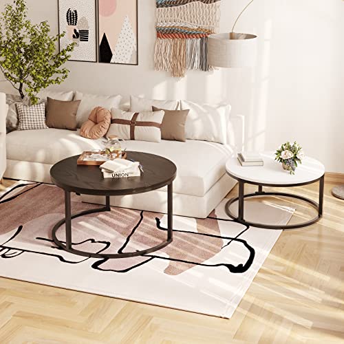 WiberWi Round Coffee Table, Nesting Tables Set of 2, Large : Ø 34.0", Small : Ø 26.0", Modern Design Furniture Side End Table for Living Room, Metal Frame Sofa Table Cocktail Table, Black & White