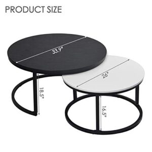 WiberWi Round Coffee Table, Nesting Tables Set of 2, Large : Ø 34.0", Small : Ø 26.0", Modern Design Furniture Side End Table for Living Room, Metal Frame Sofa Table Cocktail Table, Black & White