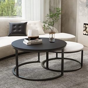 WiberWi Round Coffee Table, Nesting Tables Set of 2, Large : Ø 34.0", Small : Ø 26.0", Modern Design Furniture Side End Table for Living Room, Metal Frame Sofa Table Cocktail Table, Black & White