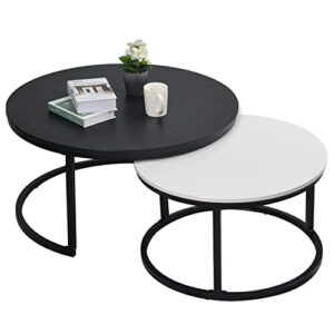 WiberWi Round Coffee Table, Nesting Tables Set of 2, Large : Ø 34.0", Small : Ø 26.0", Modern Design Furniture Side End Table for Living Room, Metal Frame Sofa Table Cocktail Table, Black & White