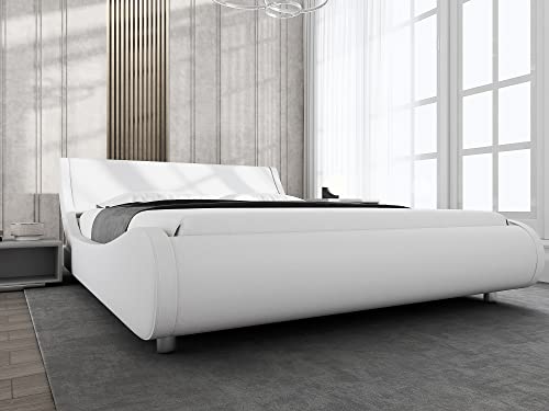 Allewie Upholstered King Size Platform Bed Frame Modern Low Profile Sleigh Bed with Faux Leather Headboard, Easy Assembly, No Box Spring Needed, Black and White