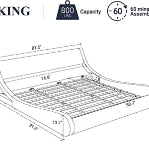 Allewie Upholstered King Size Platform Bed Frame Modern Low Profile Sleigh Bed with Faux Leather Headboard, Easy Assembly, No Box Spring Needed, Black and White