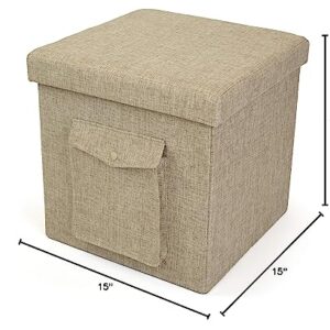 Humble Crew Folding Storage Ottoman Cube with Exterior Multi Purpose Pocket, Heathered Khaki