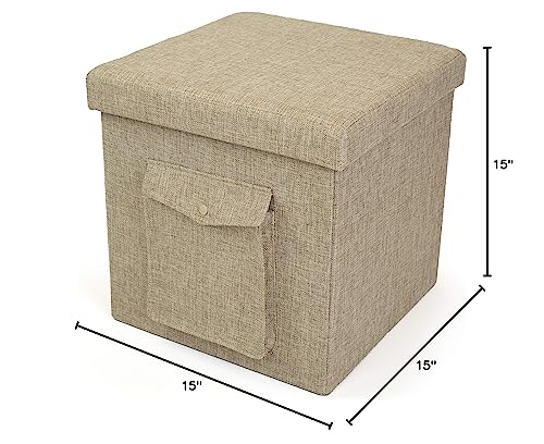 Humble Crew Folding Storage Ottoman Cube with Exterior Multi Purpose Pocket, Heathered Khaki